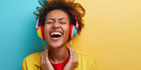 A joyful woman with colorful headphones against a dual-toned blue and ...