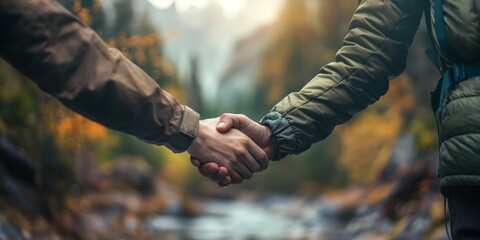 A handshake in a natural setting signifies mutual trust, partnership ...