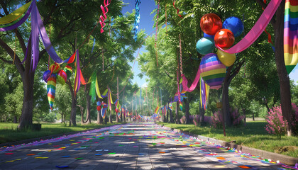 A wide shot of a peaceful Pride parade march through a scenic park ...