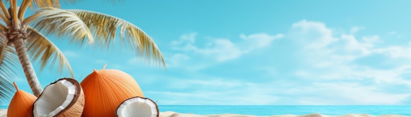 3d rendering of beach umbrella and coconut with orange on sand isolated ...