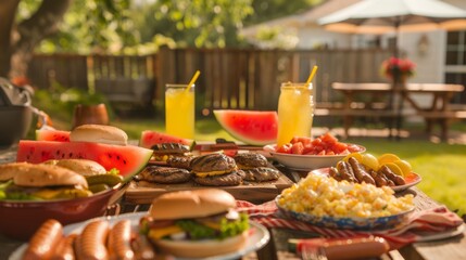 A backyard picnic spread with grilled burgers, hot dogs, potato salad ...