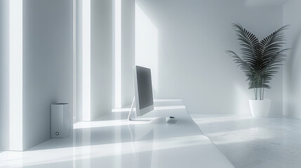 A clean white desktop computer perspective, simple and elegant colors ...