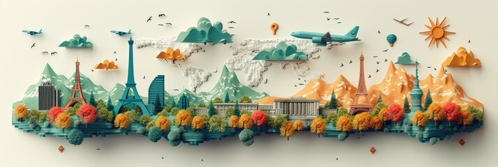 Colorful paper cut-out cityscape with airplane and sun.