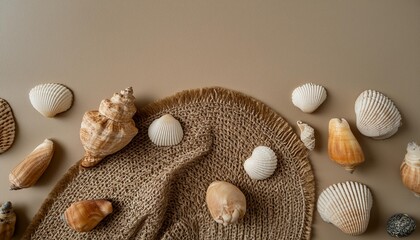 minimal aesthetic neutral summer vacation concept with sea shells jute ...