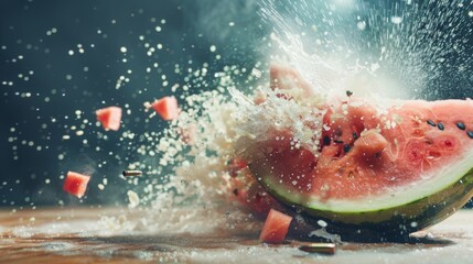Close-up of a watermelon exploding into pieces, with chunks and seeds ...