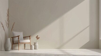 Photo of a minimalist room with a beige wall and white floor, featuring ...