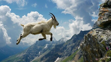Photo of mountain goat jumping in the mountains, beautiful spring day ...