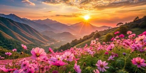 Closeup of pink flowers with hills and sunrise in pink themed landscape ...