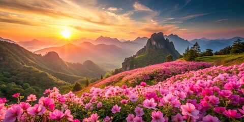 Closeup of pink flowers with hills and sunrise in pink themed landscape ...
