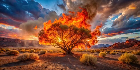 Majestic image of a burning bush in a desert landscape