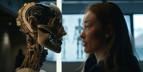 An Asian woman stands in front of a cyborg. A female scientist looks at ...