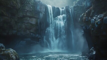 Majestic waterfall cascading down a rocky cliff into a serene pool ...