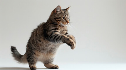 A dynamic full body cat with two legs jumping in a funny pose isolated ...