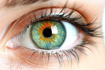 Detailed close up of a human eye with vibrant green and brown colors ...
