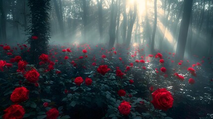 Fairytale dreamy and mystery forest of red roses with gentle morning ...
