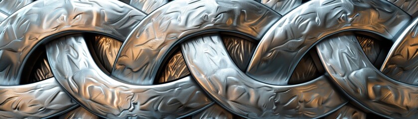 Interlocking metal chain links, abstract background texture.