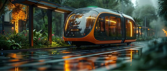 An autonomous electric bus picking up passengers at a solar-powered bus ...