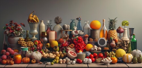 An AI-generated still life composition featuring an array of everyday ...
