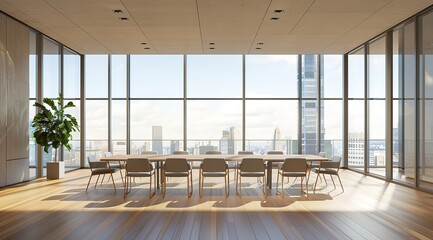 3D rendering of an empty conference room with large windows, high ...