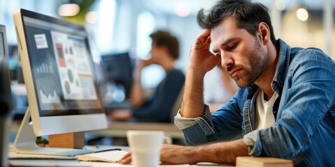 Headache, computer, and unhappy businessman on banner, bokeh, and ...