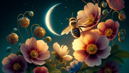 A close-up of a bee surrounded by moonlit flowers that glow softly in ...