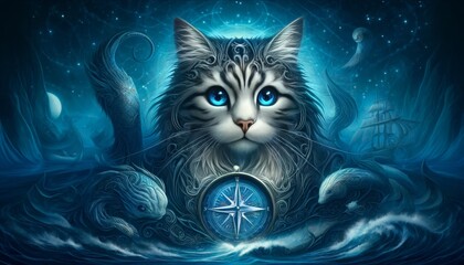 A nautical-themed image featuring a cat with a compass rose embedded in ...