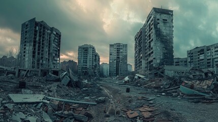 Ruined cityscape with destroyed buildings in high definition panoramic ...