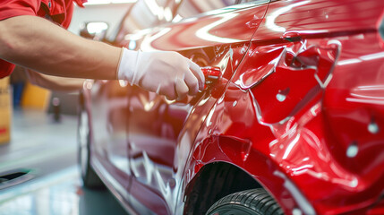 A specialist specializing in car body repair removes dents from car ...