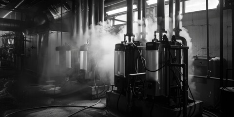 Black and white image of smoke coming from industrial machinery