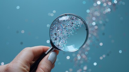 closeup of hand holding magnifying glass with floating glitter ...