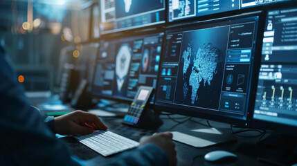 A person works intently at a computer surrounded by multiple screens ...