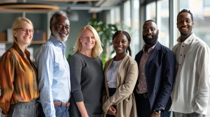 This image shows a diverse group of five professionals standing ...