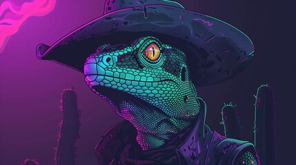 retrowave portrait of a green gecko as a cowboy generative ai ...
