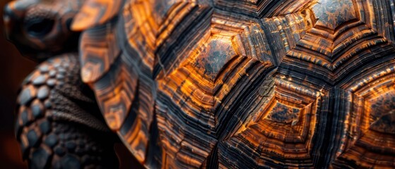 Detailed view of a tortoises patterned shell, with copy space