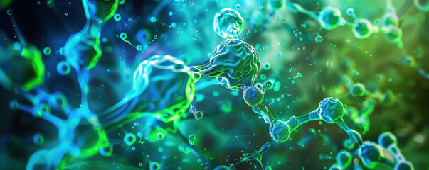 Complex molecular structures, neon green and blue hues, holographic ...