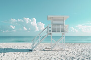 A lifeguard standing at their post on the beach, with a clear blue sky ...