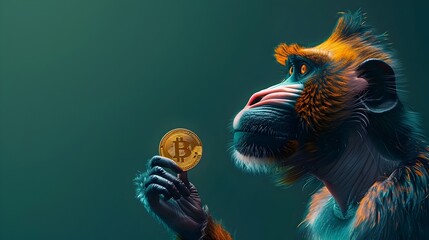 Surreal of Mandrill Monkey Holding Cryptocurrency Bitcoin on Plain ...