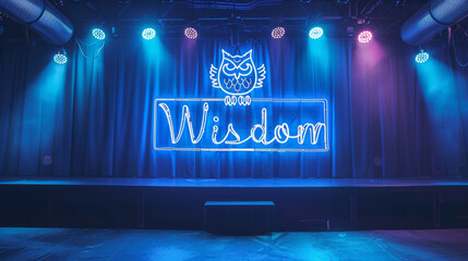Wisdom symbol concept image with blue neon lights forming the word ...
