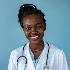 A dark-skinned female doctor in a white coat with a stethoscope around ...
