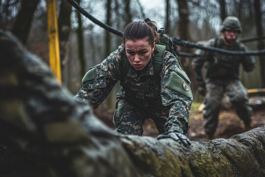 Smiling Female Soldier on Obstacle Course Outdoors
