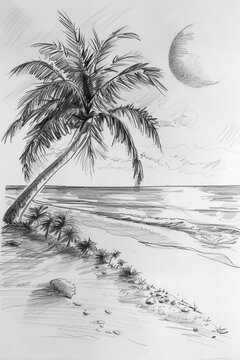 Tropical Beach Pencil Drawing