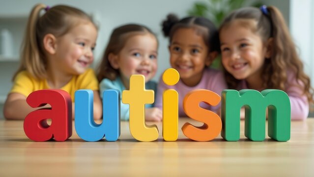 Autism Awareness Month Hope with Colorful Symbol and Diverse Children