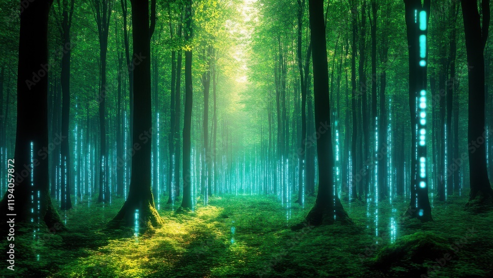 glowing forest of data pillars replaces trees, gro | WallsHeaven ...