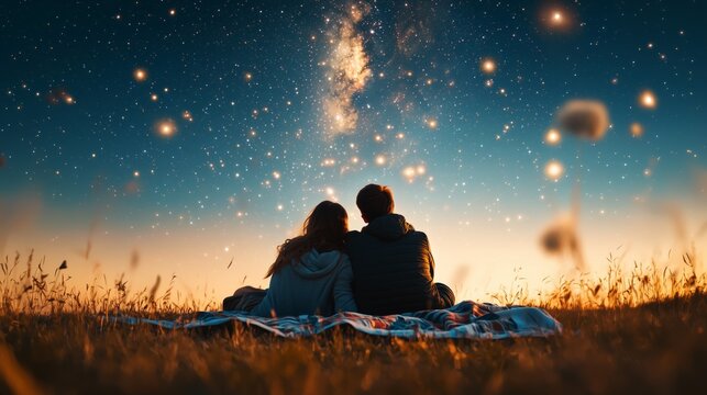 Romantic Couple Stargazing in Field at Night Under Starry Sky