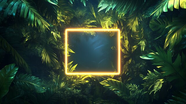 Neon Frame with Tropical Leaves on Dark Background