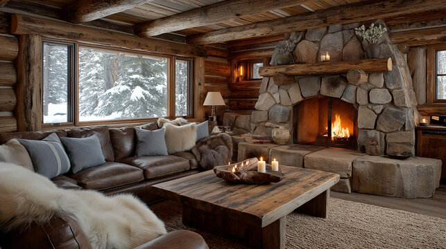 Log Cabin Living Room With Fireplace